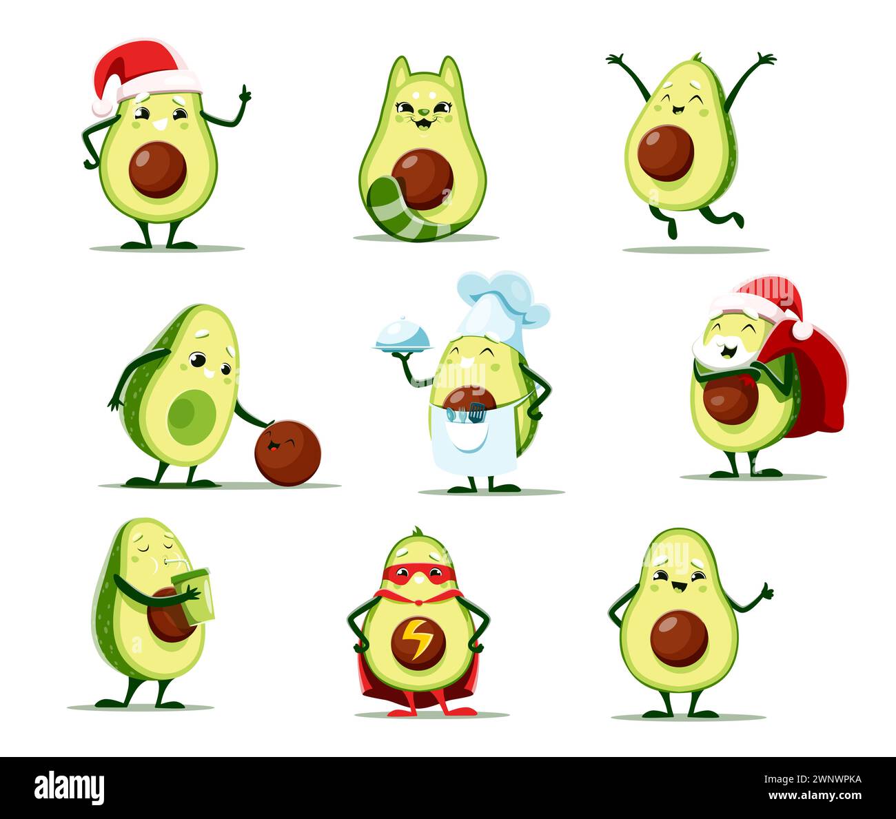 Cartoon avocado characters vector set. Santa Claus with gifts bag ...