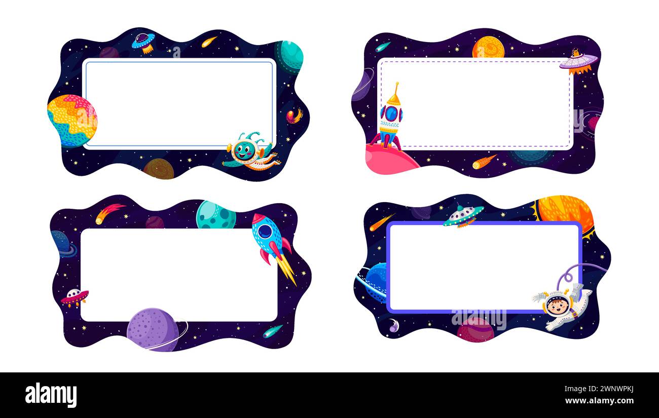 Cartoon galaxy space kid frames or borders with vector landscape of ...