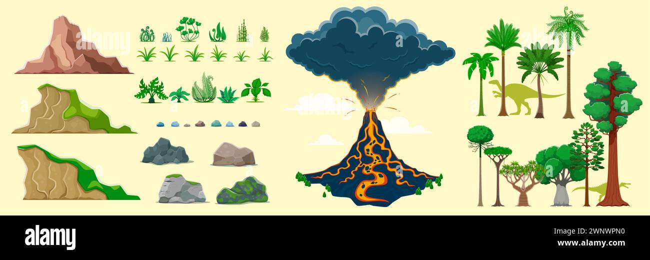 Jungle and dinosaur era environment game assets. Volcano, plants and ...