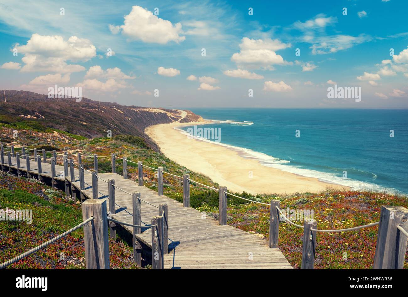 Paredes Panoramic Boardwalk. The wooden stairway on the rocky seashore ...