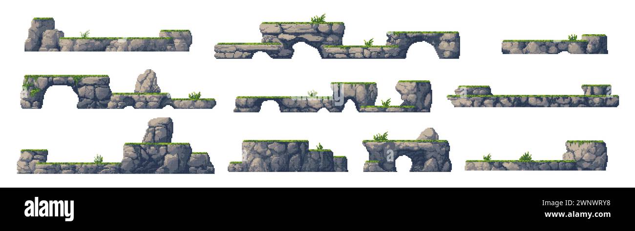 8bit arcade pixel art game platforms with rock stones and green grass. Isolated vector set of 2d ...