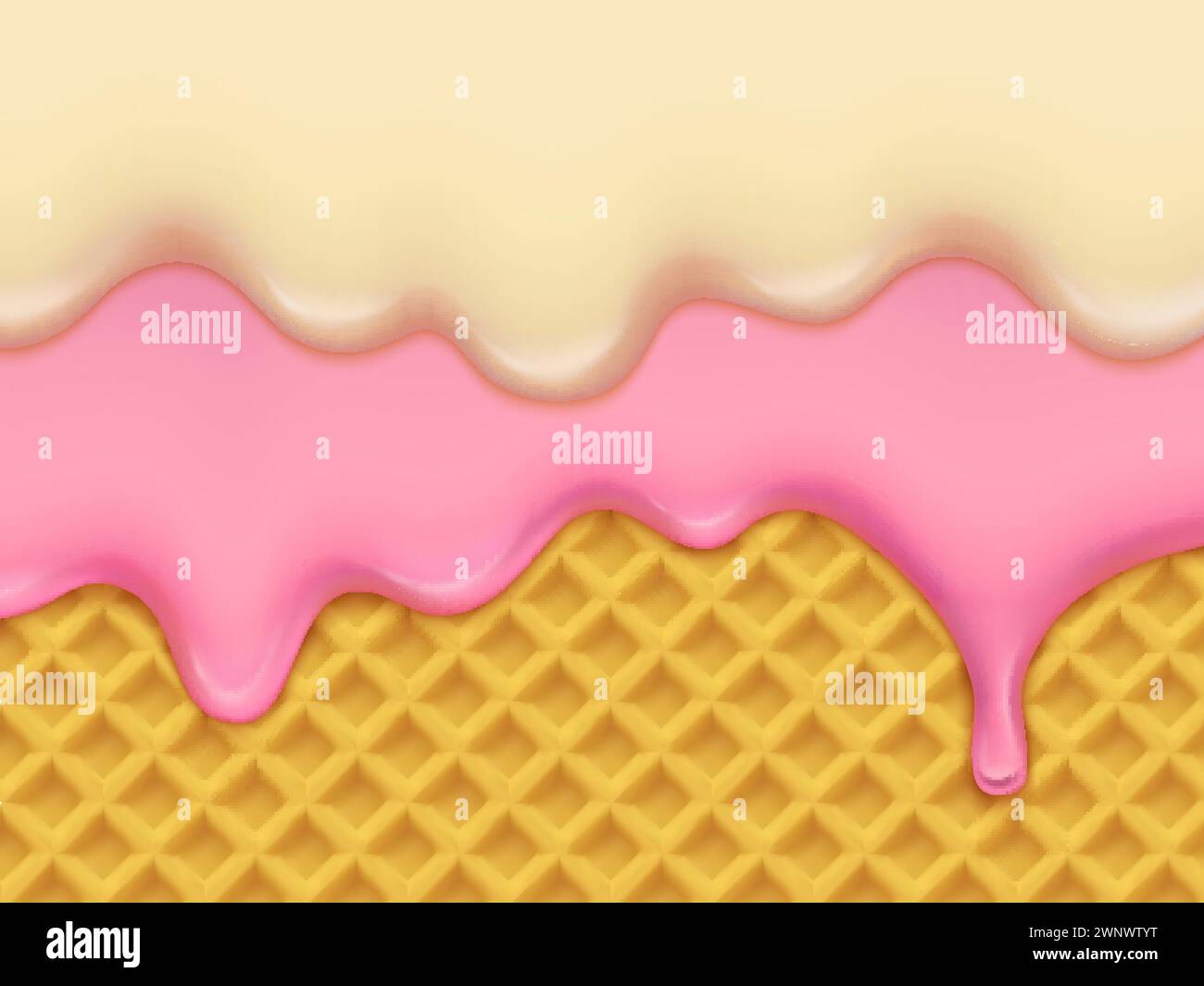 Realistic Melting Strawberry And Vanilla Ice Cream Drip On Wafer