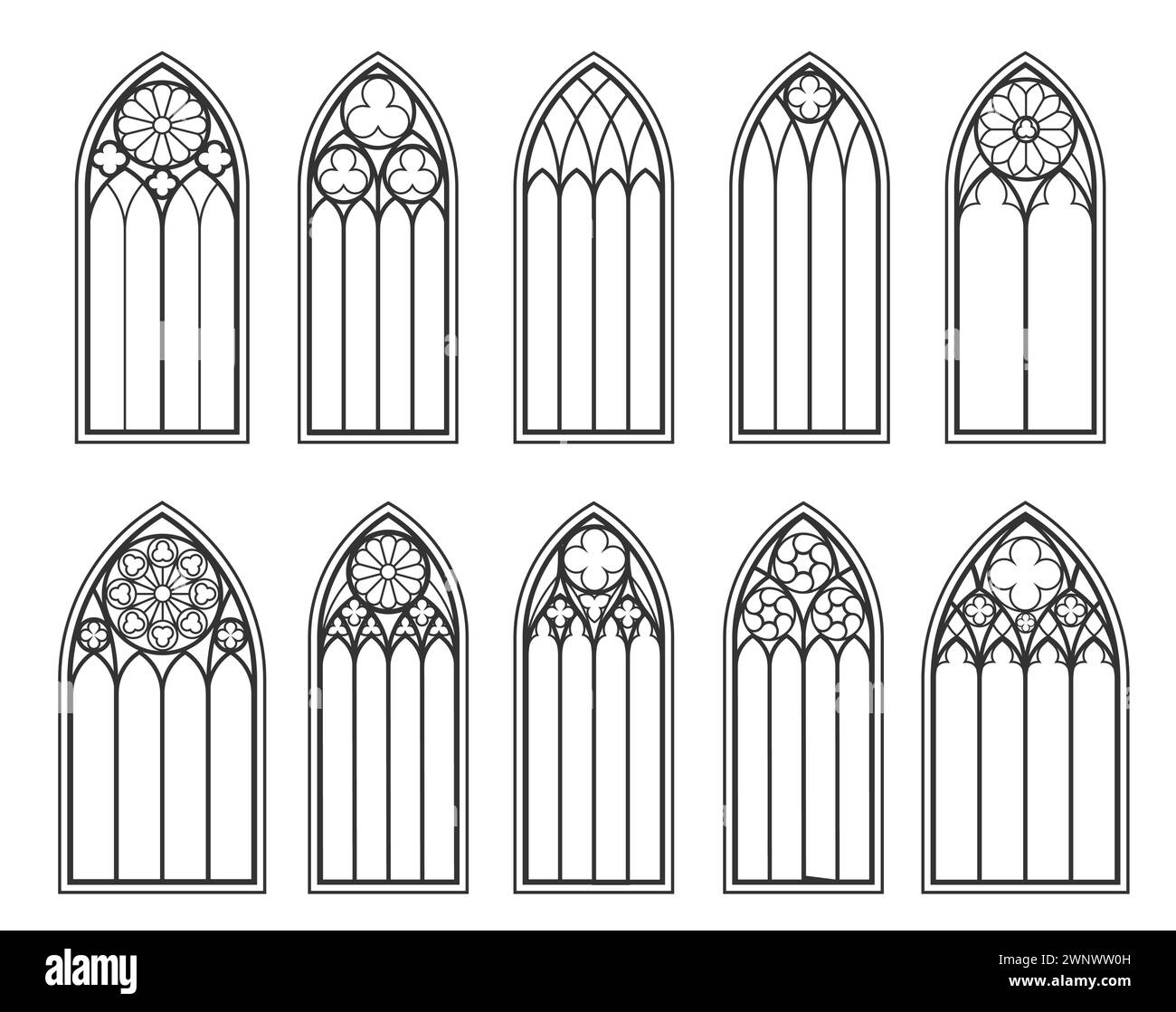 Catholic gothic church windows and medieval arch, isolated vector ...