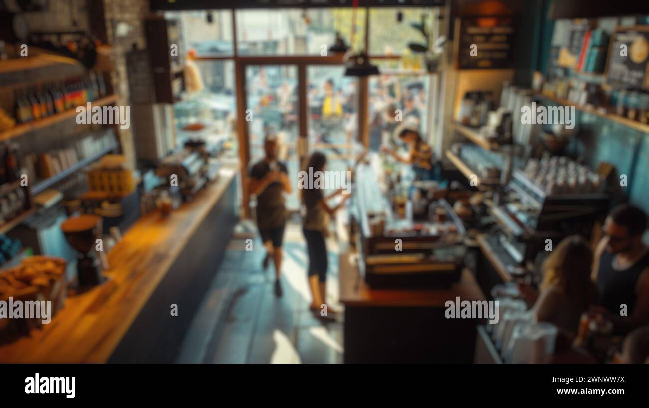 Blurred background of a busy coffee shop with patrons enjoying their ...