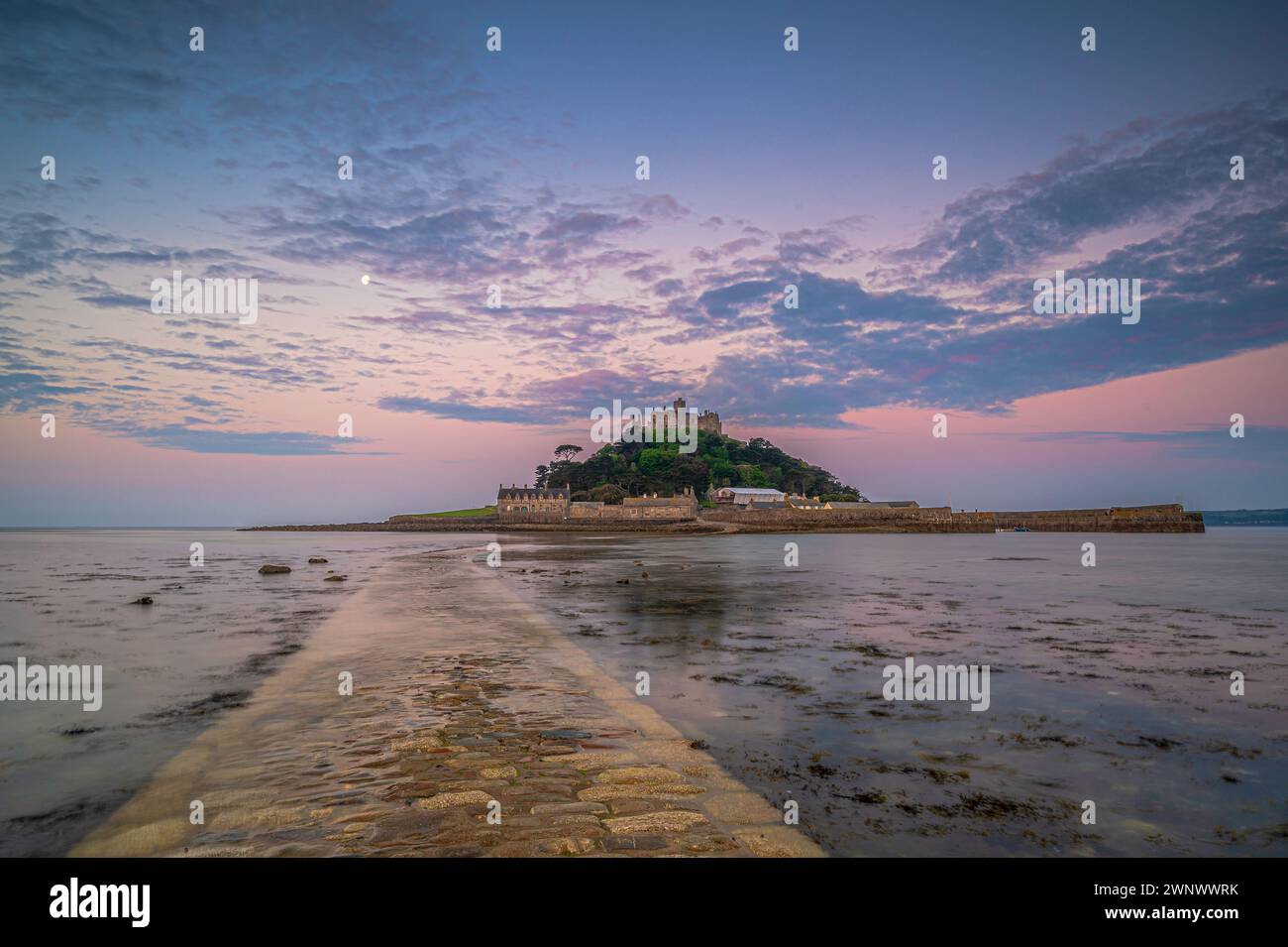 St. Michael's Mount, Cornwall, at sunrise. The causeway can be seen ...