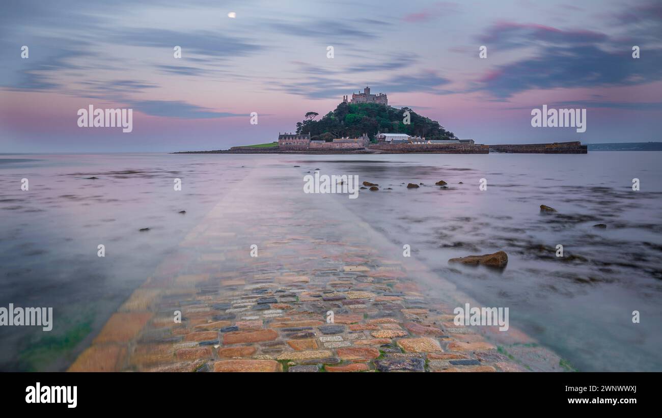 St. Michael's Mount, Cornwall, at sunrise. The causeway can be seen ...