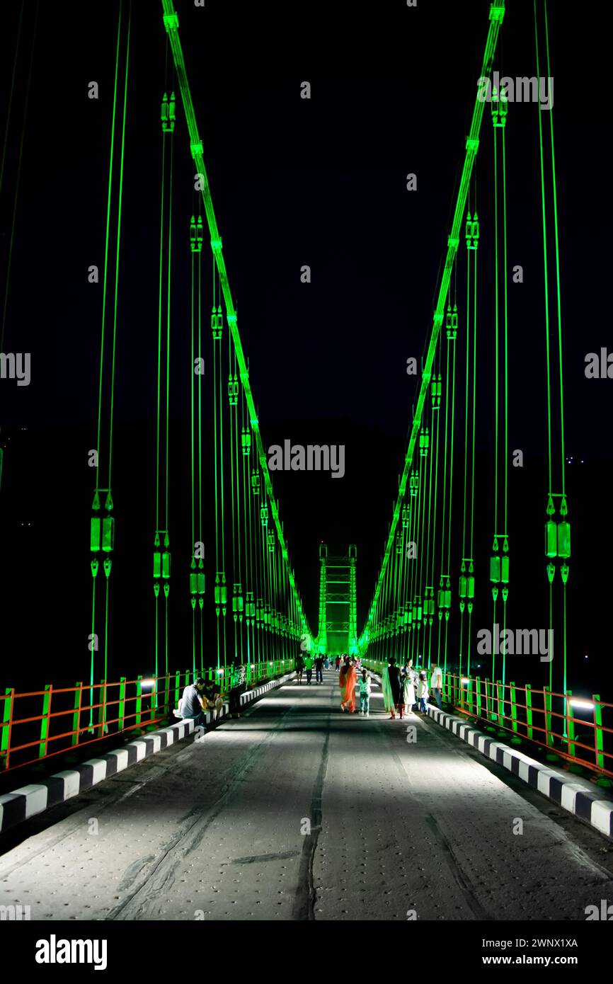 Colourful Dobra Chanti hanging bridge over Tehri Lake. Night view of ...