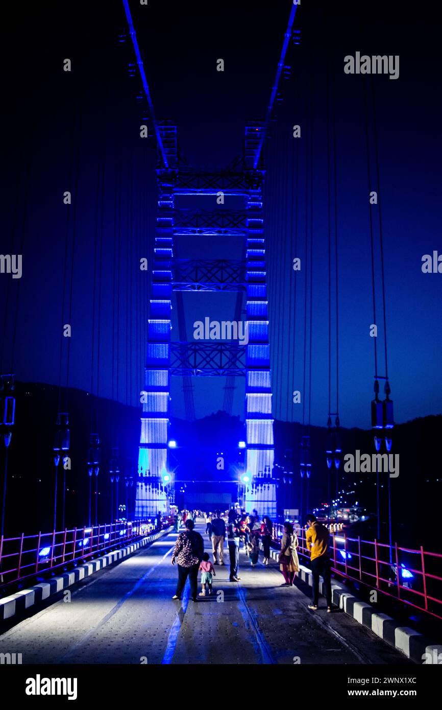 Colourful Dobra Chanti hanging bridge over Tehri Lake. Night view of ...