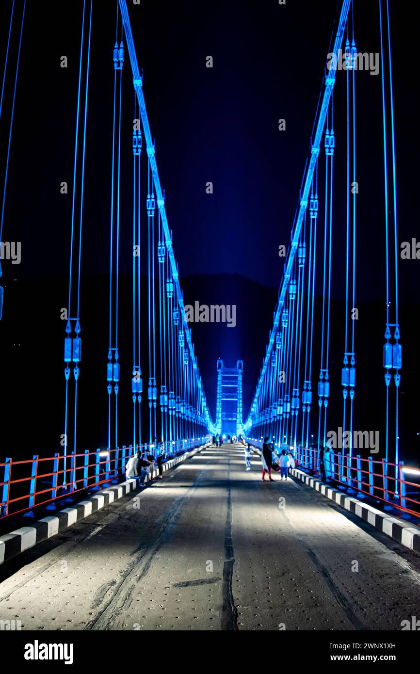 Colourful Dobra Chanti hanging bridge over Tehri Lake. Night view of ...