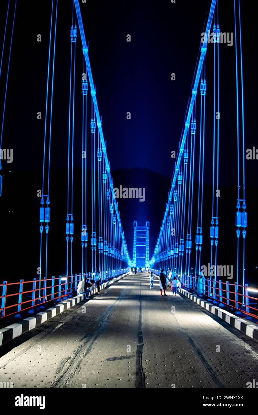 Colourful Dobra Chanti hanging bridge over Tehri Lake. Night view of ...
