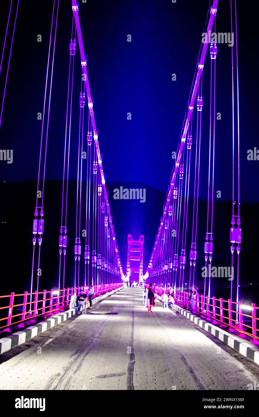 Colourful Dobra Chanti hanging bridge over Tehri Lake. Night view of ...