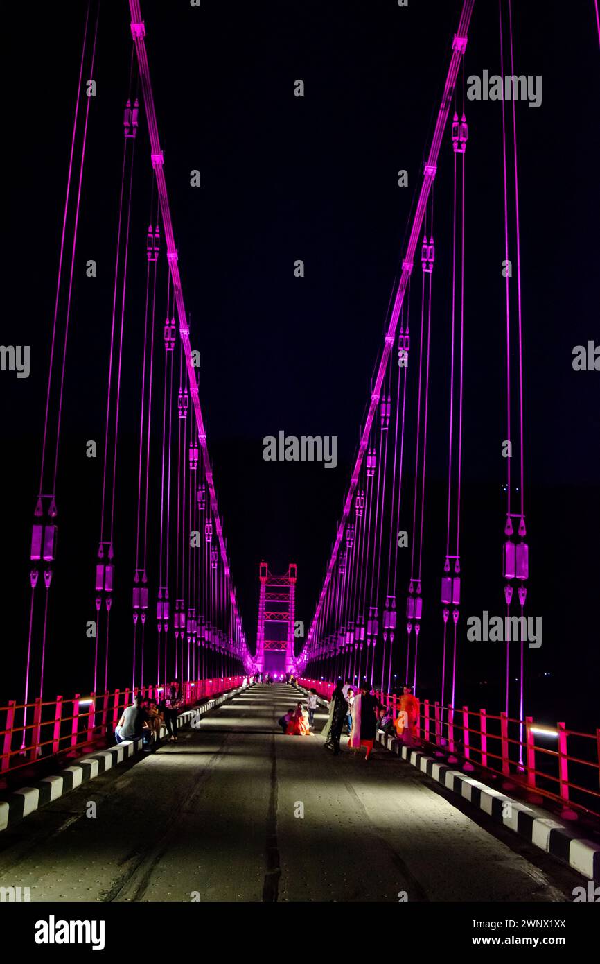Colourful Dobra Chanti hanging bridge over Tehri Lake. Night view of ...