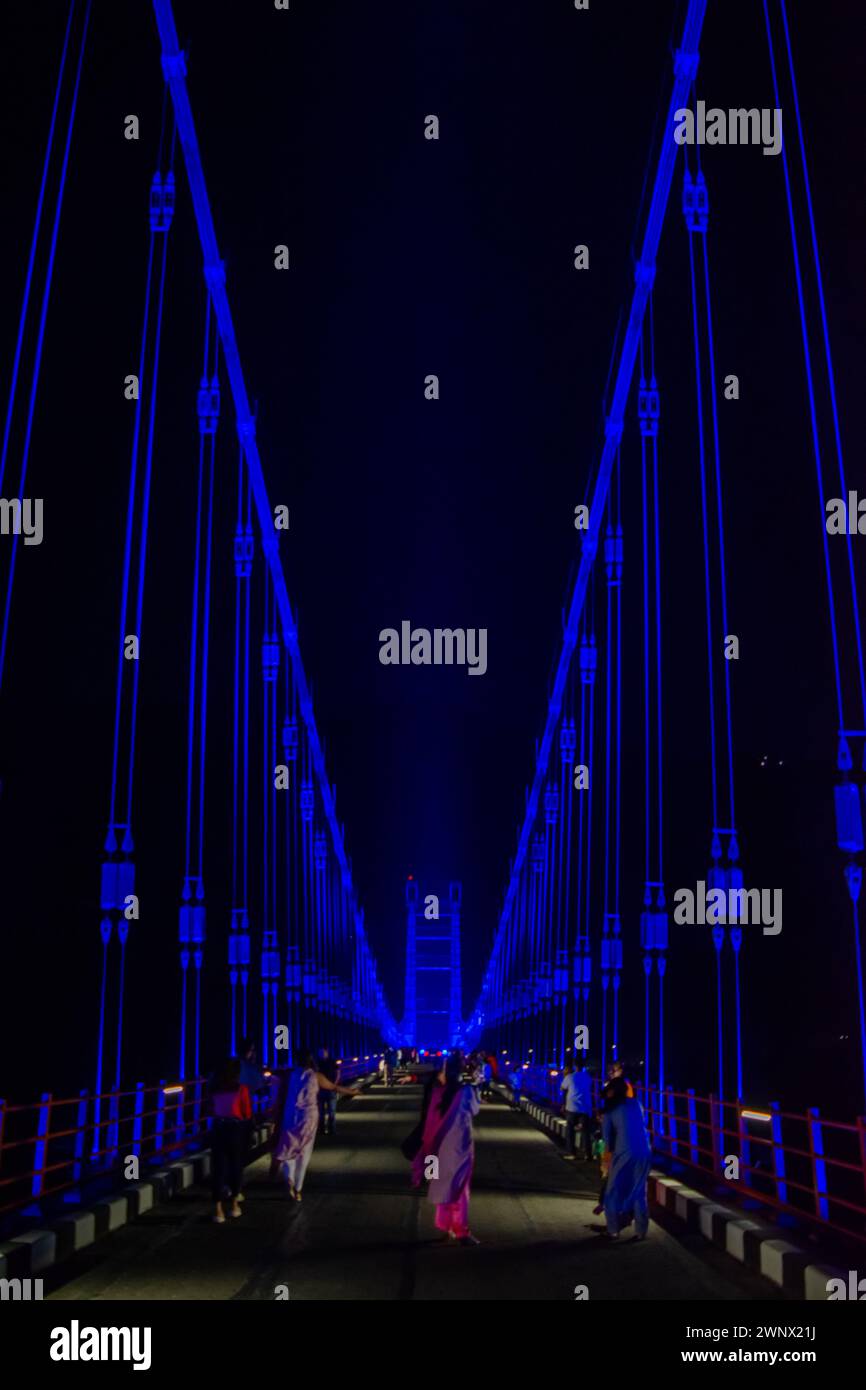 Colourful Dobra Chanti hanging bridge over Tehri Lake. Night view of ...