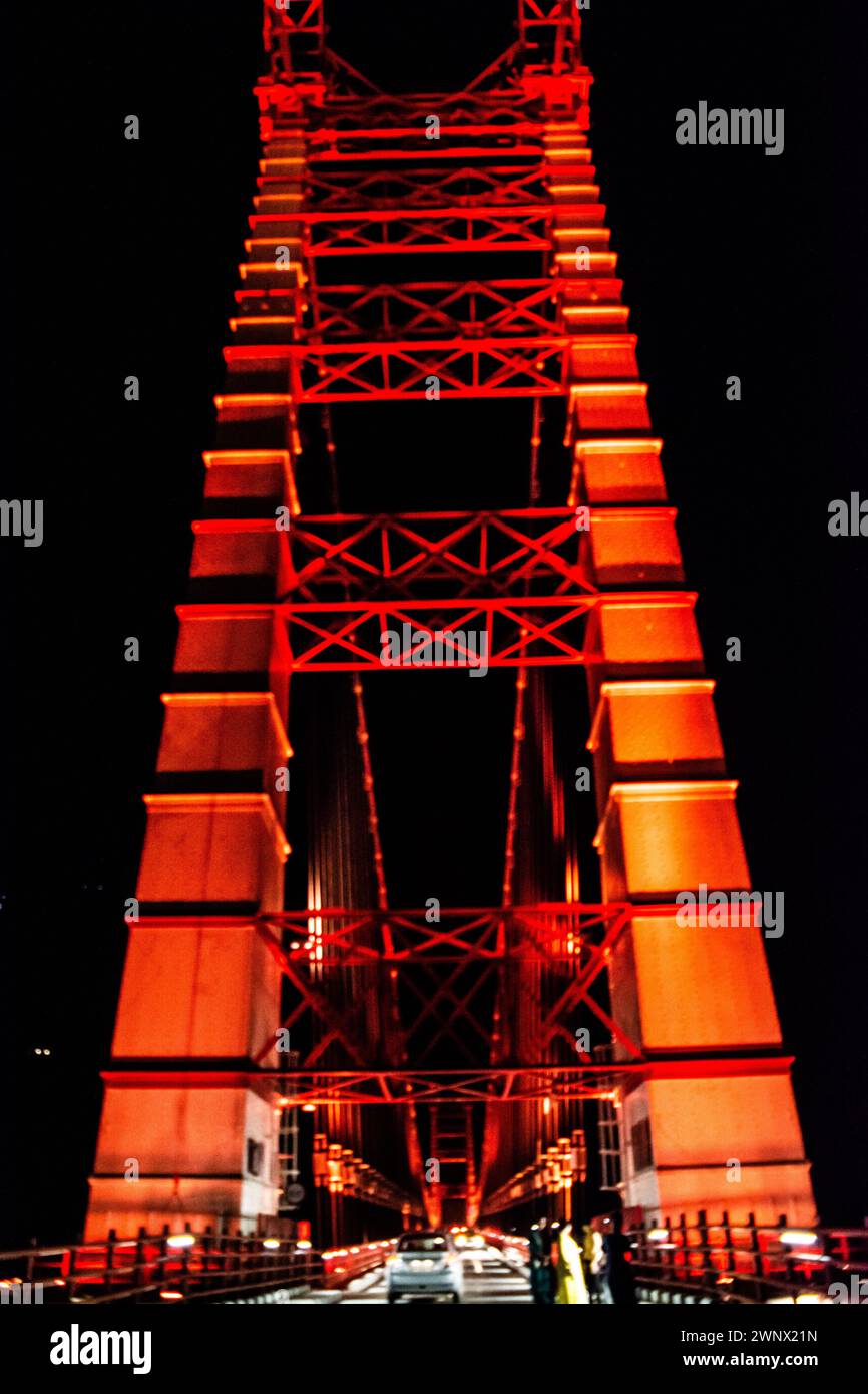 Colourful Dobra Chanti hanging bridge over Tehri Lake. Night view of ...