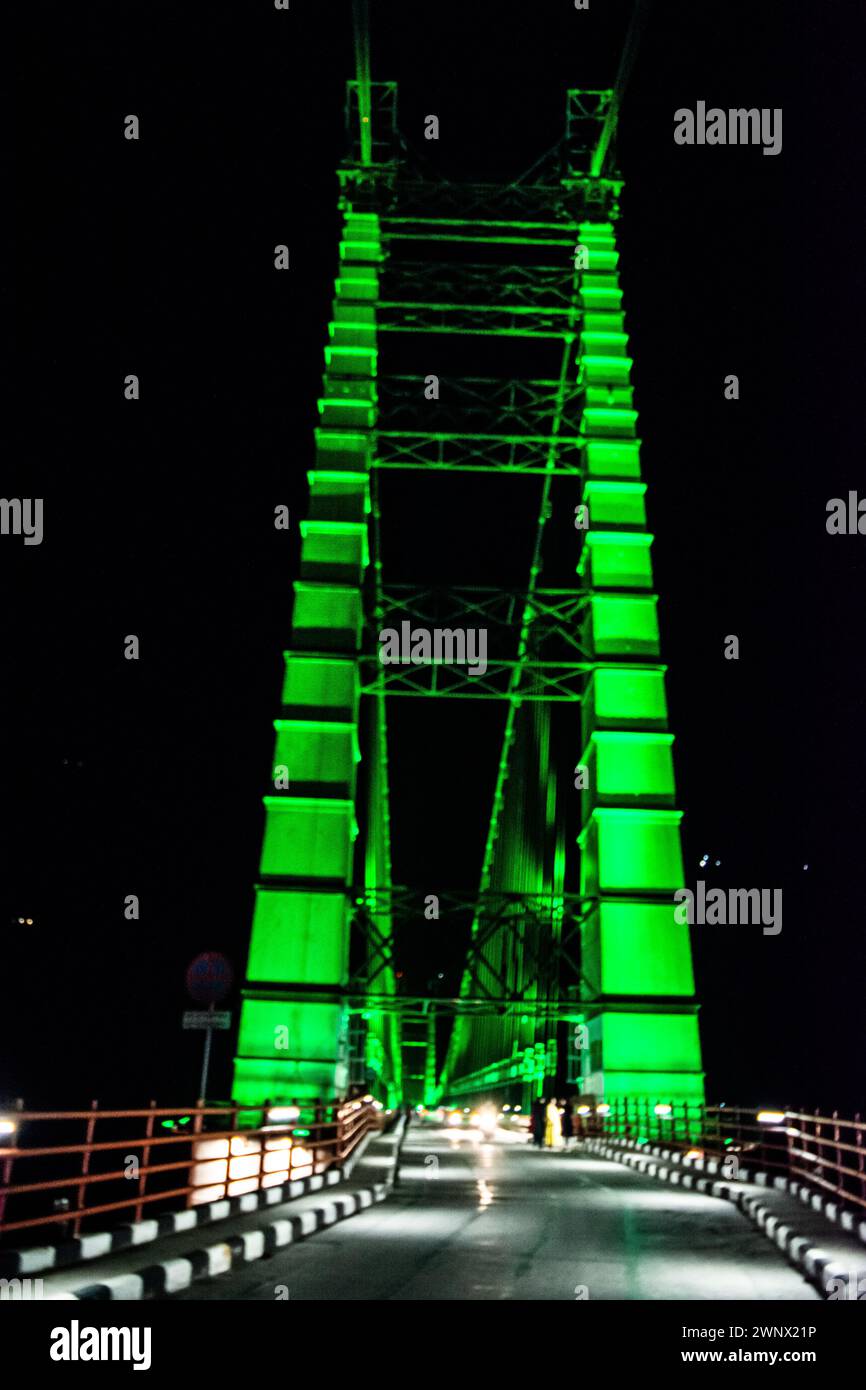 Colourful Dobra Chanti hanging bridge over Tehri Lake. Night view of ...