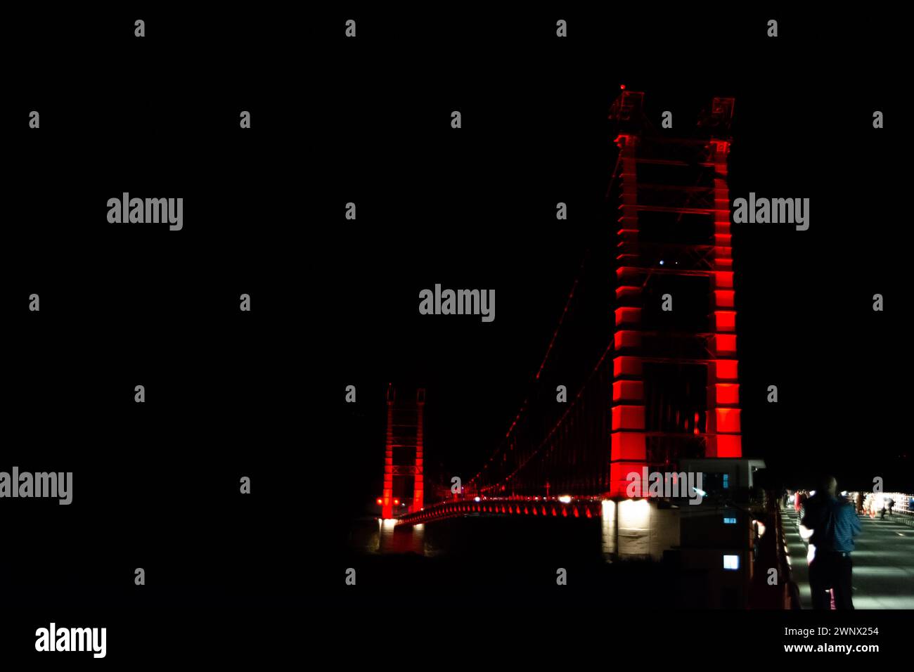 Colourful Dobra Chanti hanging bridge over Tehri Lake. Night view of ...