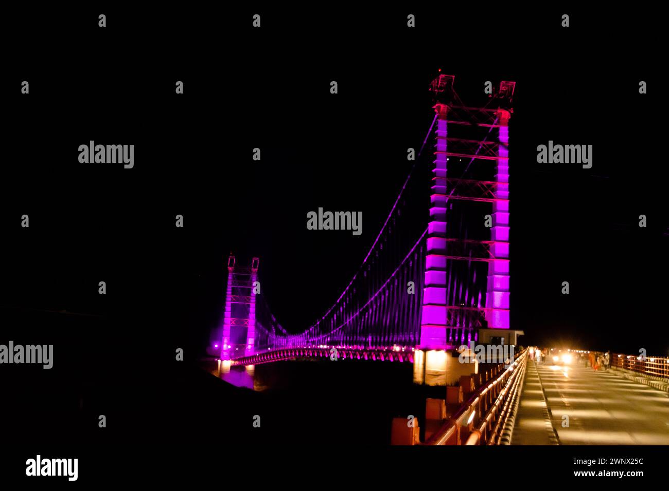 Colourful Dobra Chanti hanging bridge over Tehri Lake. Night view of ...