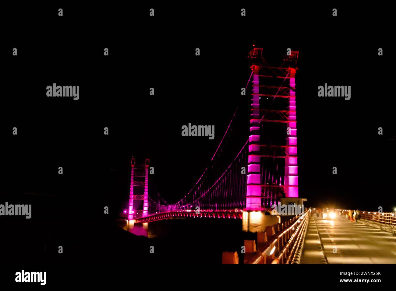 Colourful Dobra Chanti hanging bridge over Tehri Lake. Night view of ...