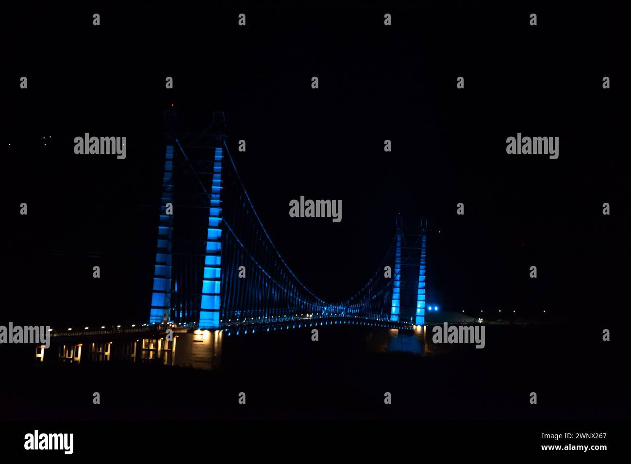 Colourful Dobra Chanti hanging bridge over Tehri Lake. Night view of ...