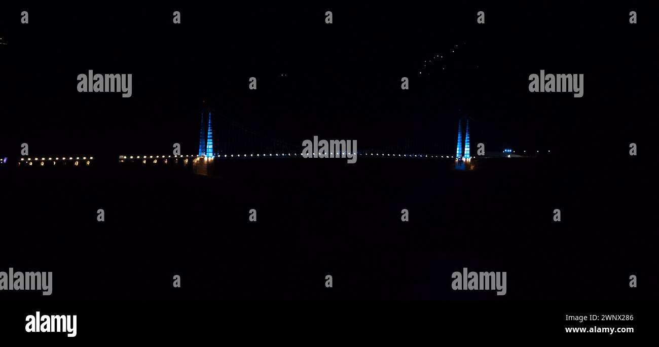 Colourful Dobra Chanti hanging bridge over Tehri Lake. Night view of ...