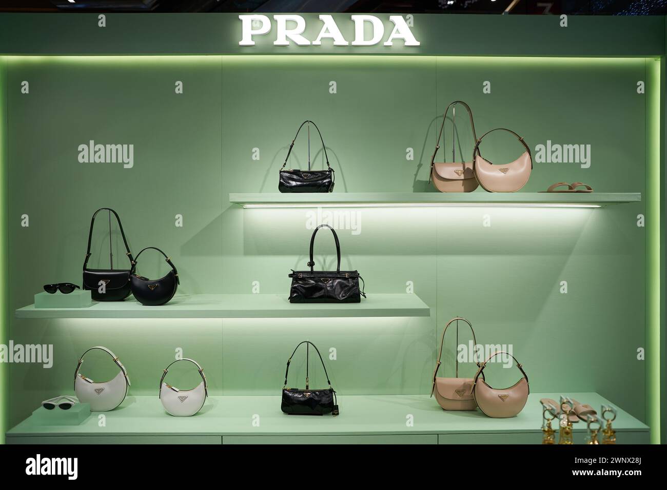 SINGAPORE - NOVEMBER 06, 2023: goods displayed inside Prada pop-up ...
