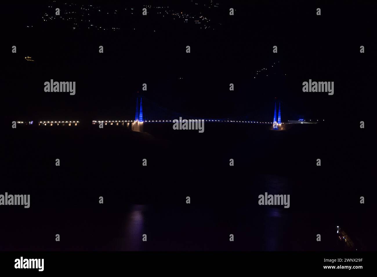 Colourful Dobra Chanti hanging bridge over Tehri Lake. Night view of ...