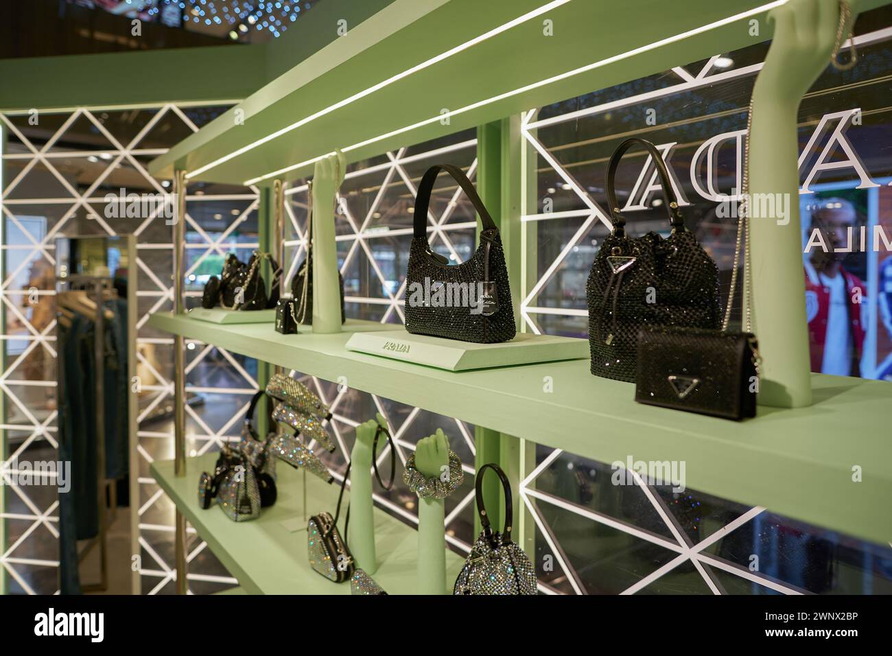 SINGAPORE - NOVEMBER 06, 2023: goods displayed inside Prada pop-up ...