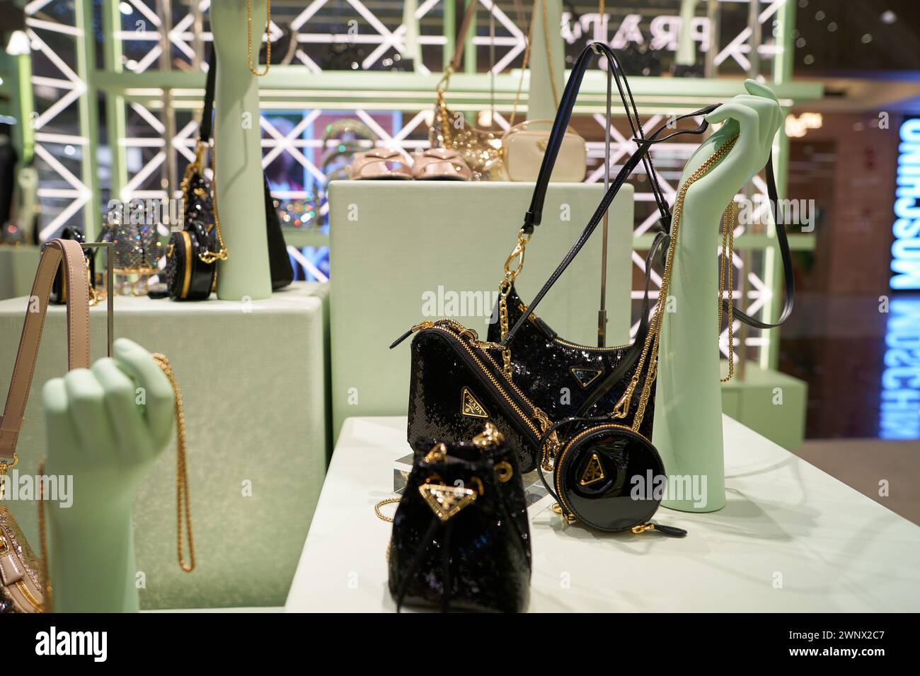 SINGAPORE - NOVEMBER 06, 2023: goods displayed inside Prada pop-up ...