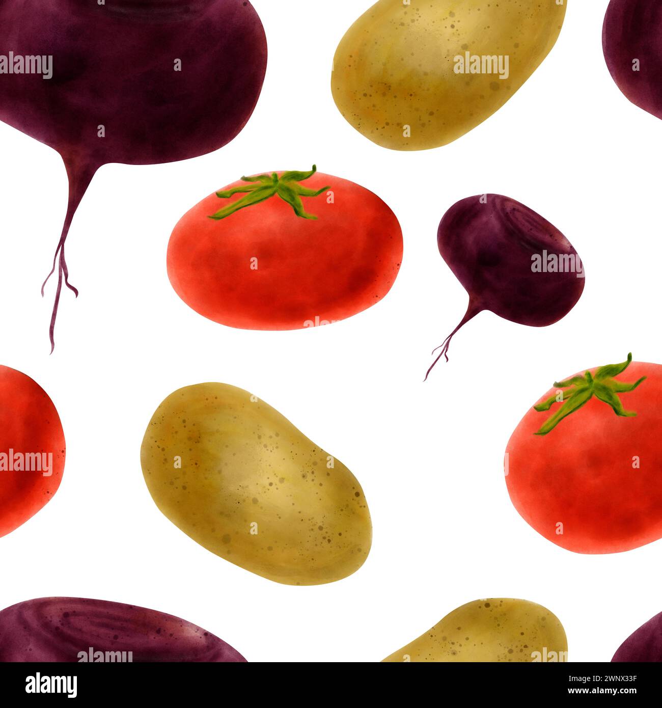 Vegetable seamless pattern in watercolor, hand drawn. Beets, tomatoes, potatoes. For kitchen ...