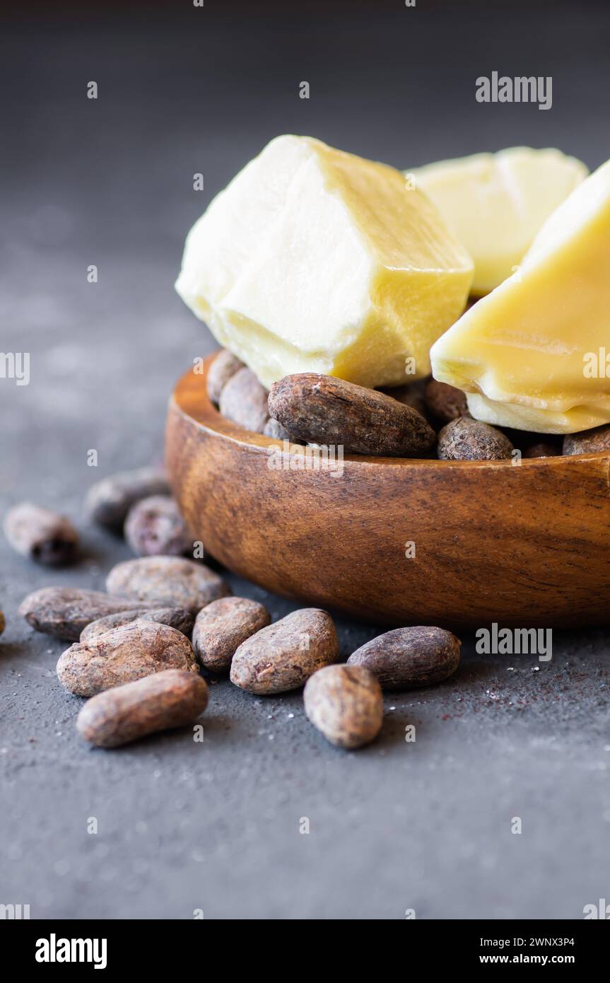 Cocoa butter or Cocoa bean solid oil and raw cocoa beans on rustic ...