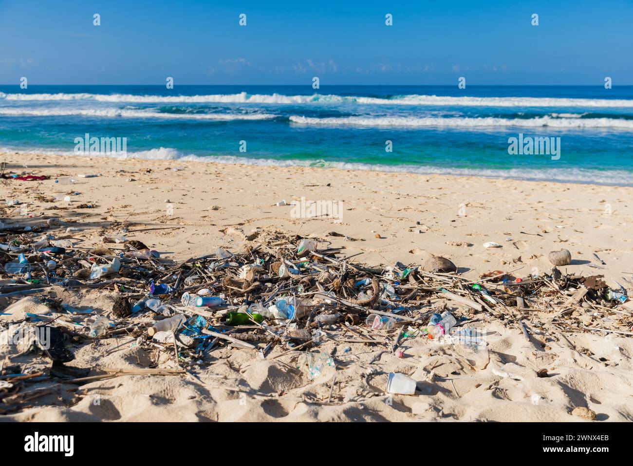 Pollution by plastic rubbish on ocean beach in Bali island Stock Photo ...