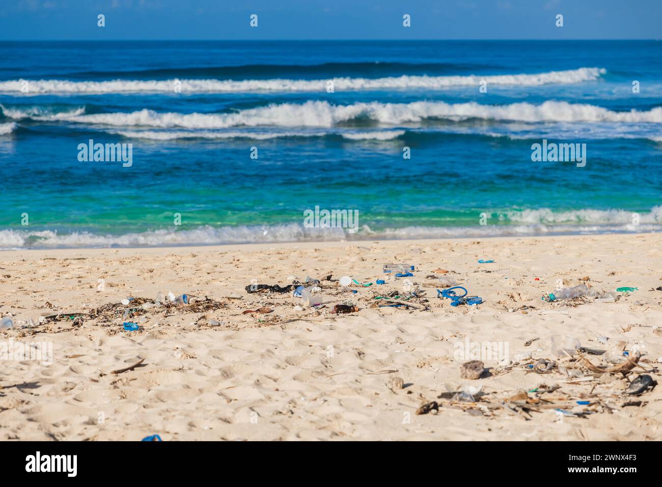 Plastic Pollution on ocean beach in Bali island. Ecology problems in ...