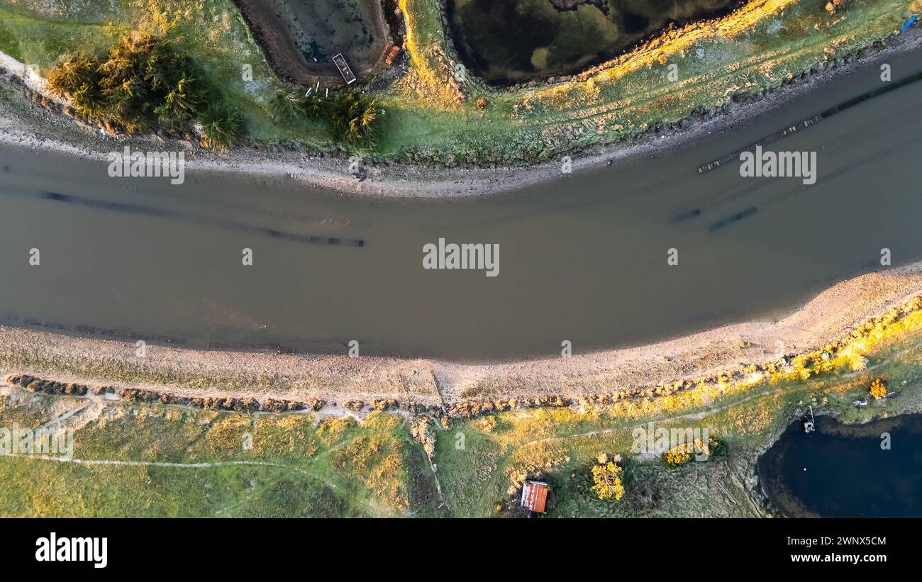 Aerial drone view of the Gachere marshes in Brem sur Mer, Vendee ...