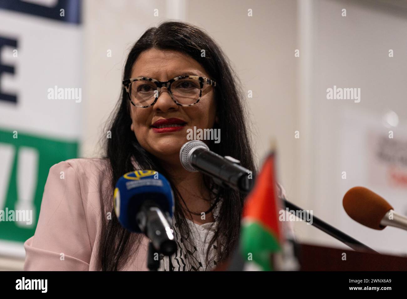 Rep. Rashida Tlaib speaks in Dearborn, Michigan on Sunday, February 25 ...