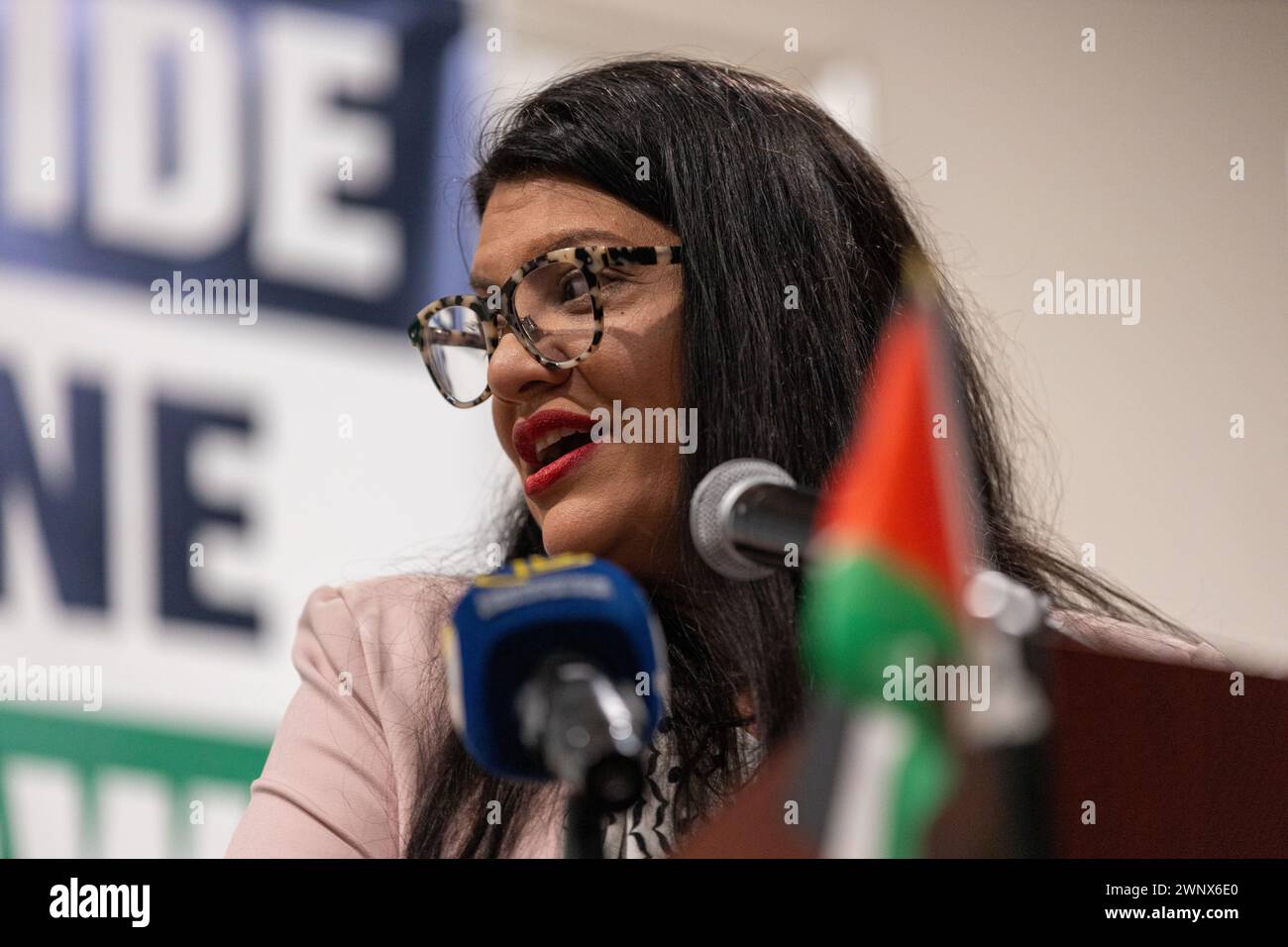 Rep. Rashida Tlaib speaks in Dearborn, Michigan on Sunday, February 25 ...