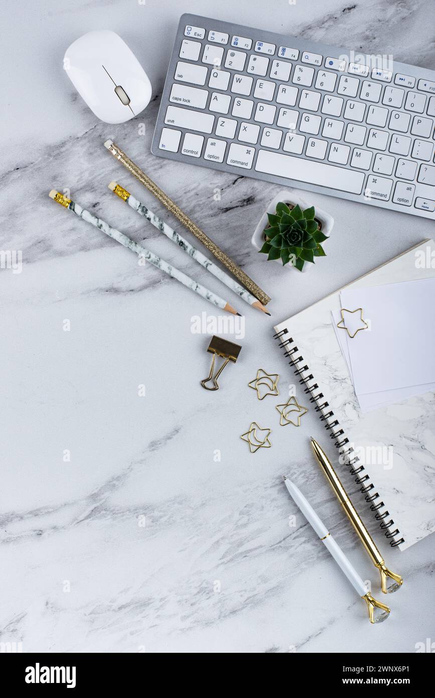 Top view work desk office workspace Stock Photo - Alamy