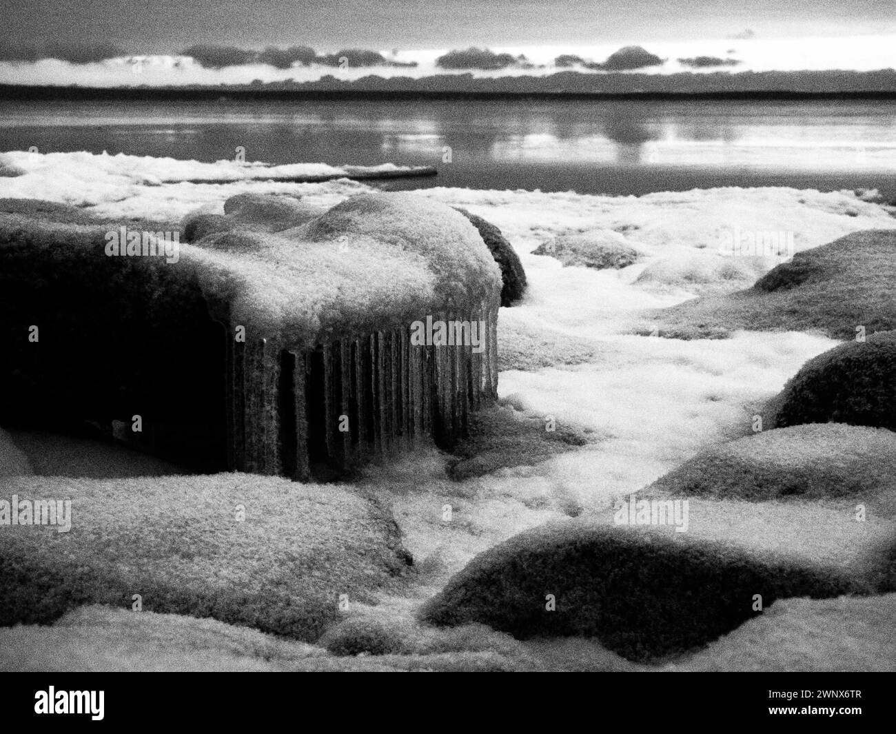 Ice icicles hanging down. Northern arctic winter season. Frozen nature ...