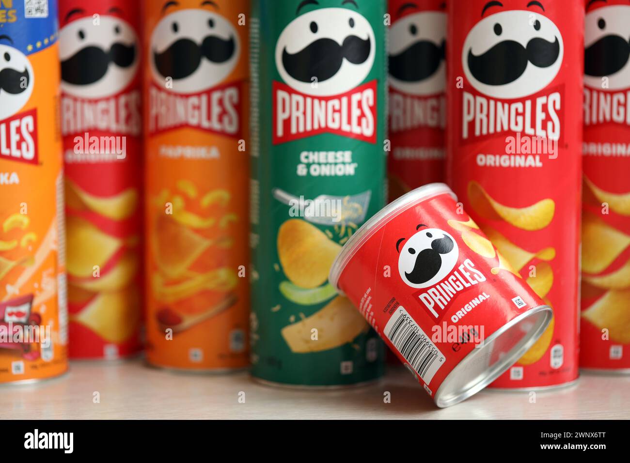 KYIV, UKRAINE - FEBRUARY 27, 2024 Pringles original potato chips on ...