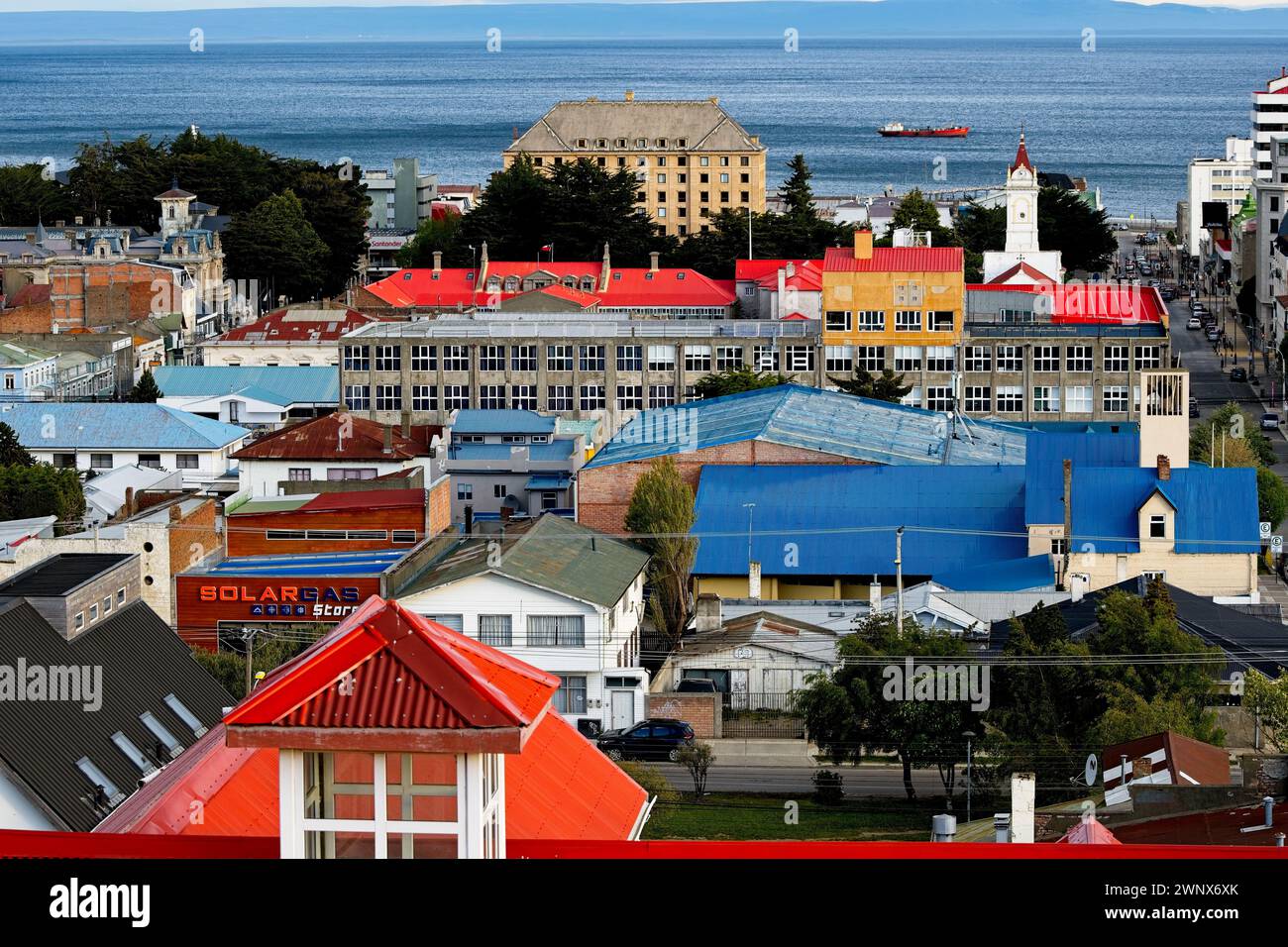 A view piont in Punta Arenas looks out over the town and harbour plus ...
