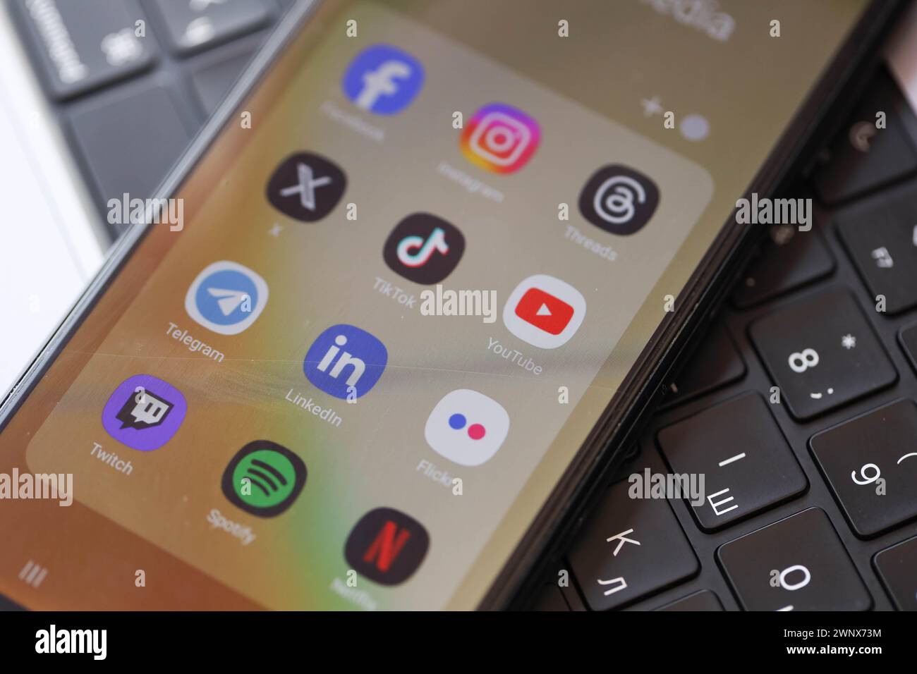 KYIV, UKRAINE - FEBRUARY 28, 2024 Social Media icons group on Galaxy ...