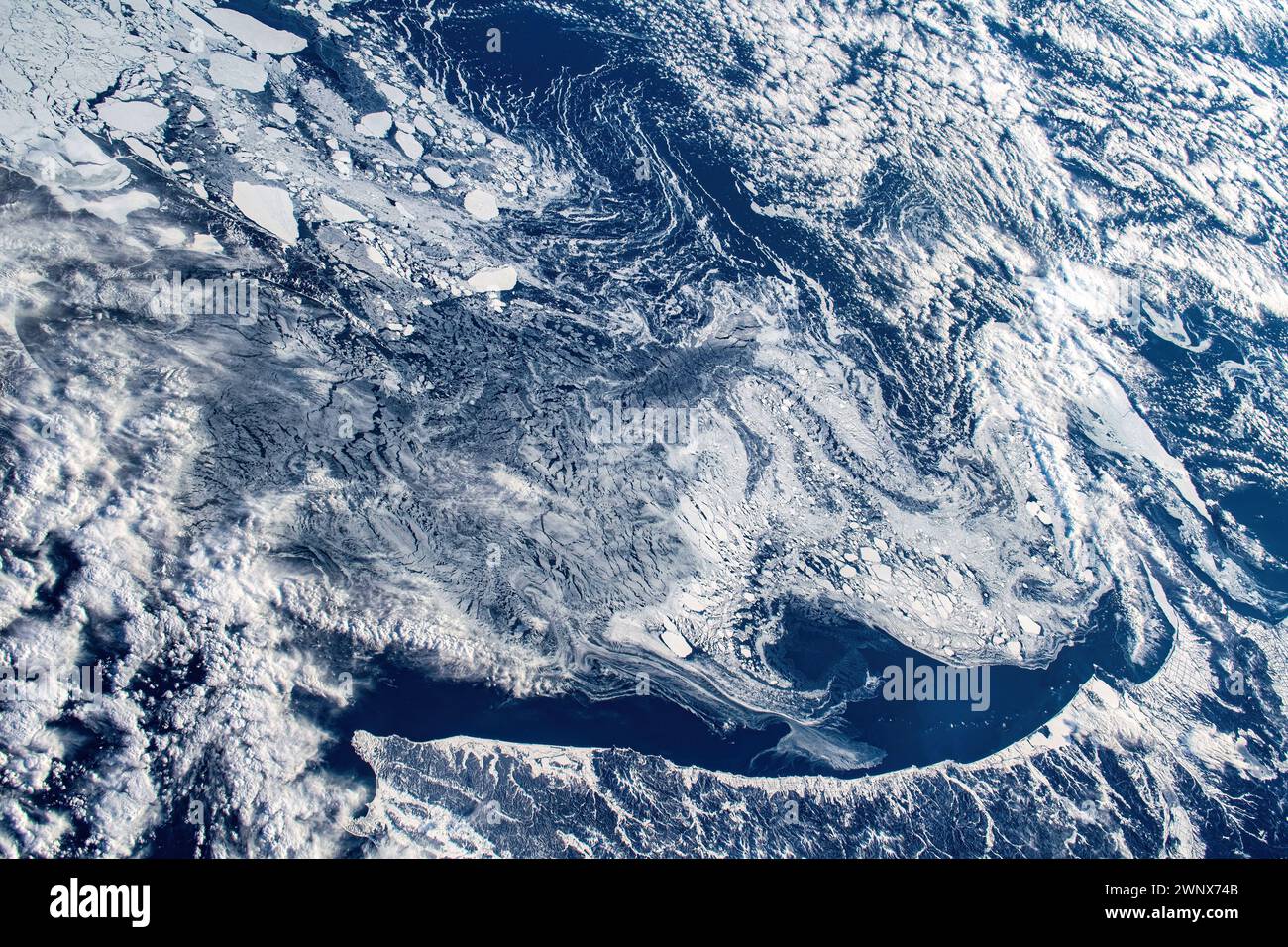 Winter snow ice, Sea of Japan. Digital enhancement of an image by NASA ...