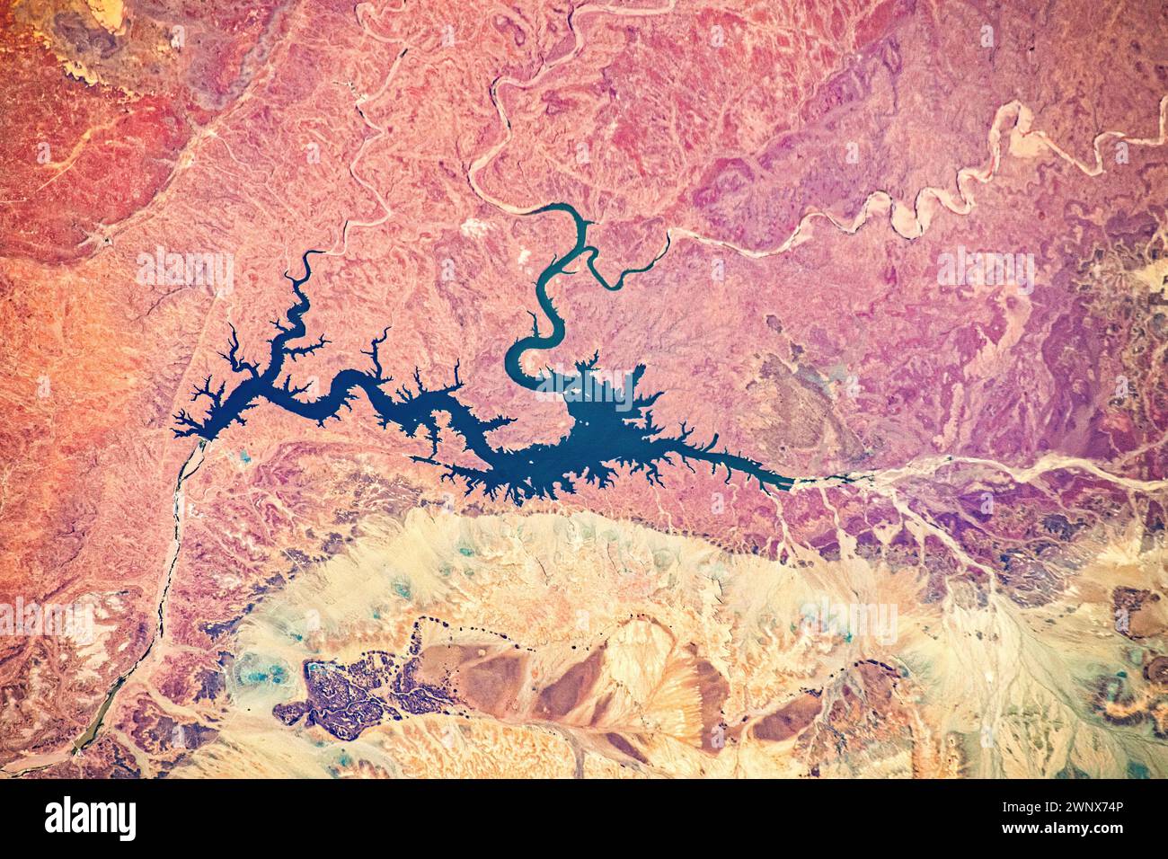 Land body of water in Namibia. Digital enhancement of an image by NASA ...