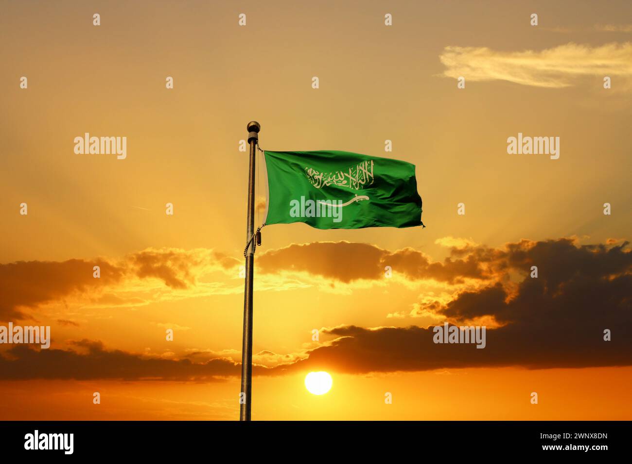 Saudi Arabia national flag waving at sunset. Islamic religion flag ...