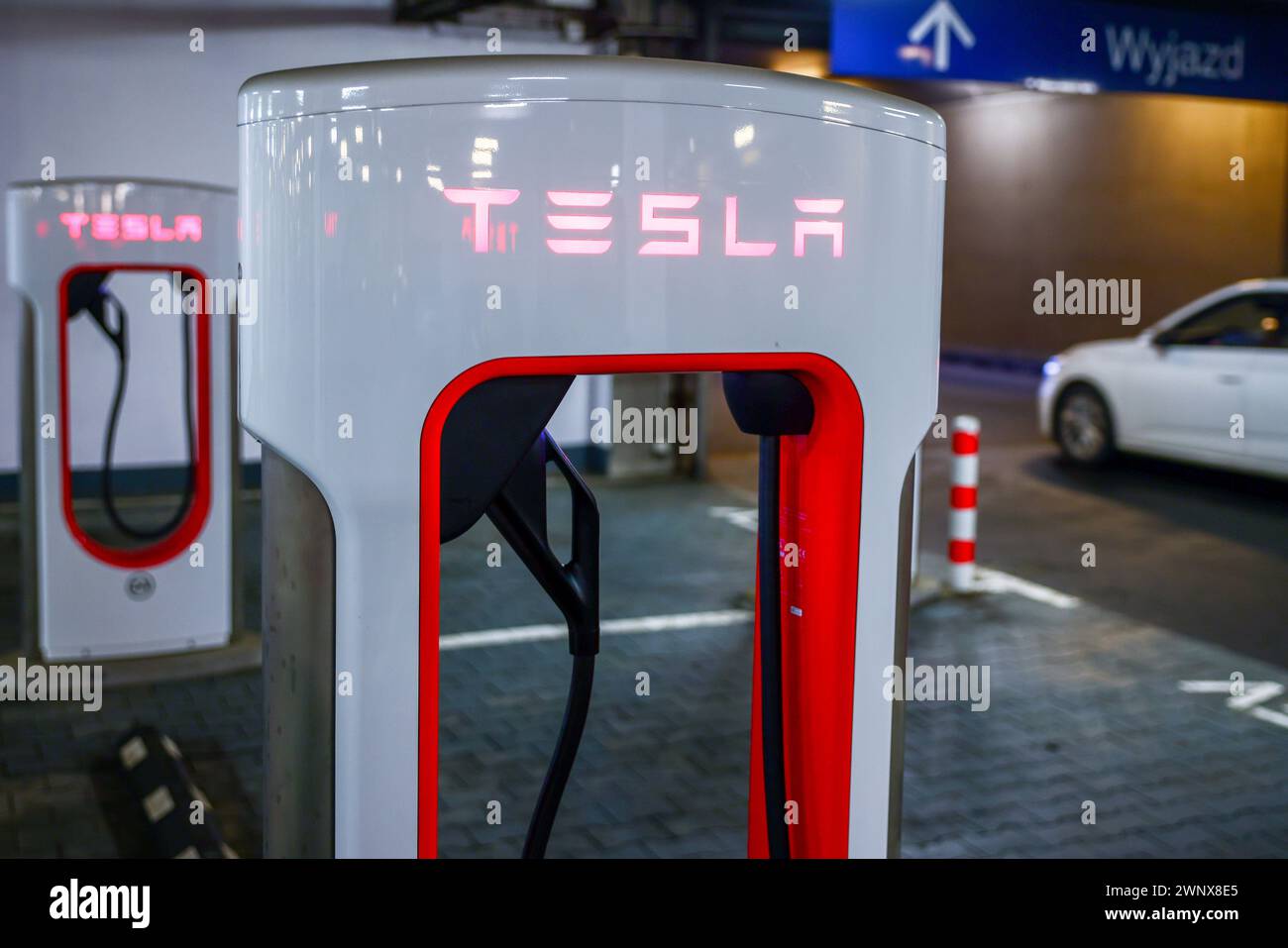 Krakow, Poland. 4th Mar, 2024. Tesla Superchargers are seen at Boanrka ...