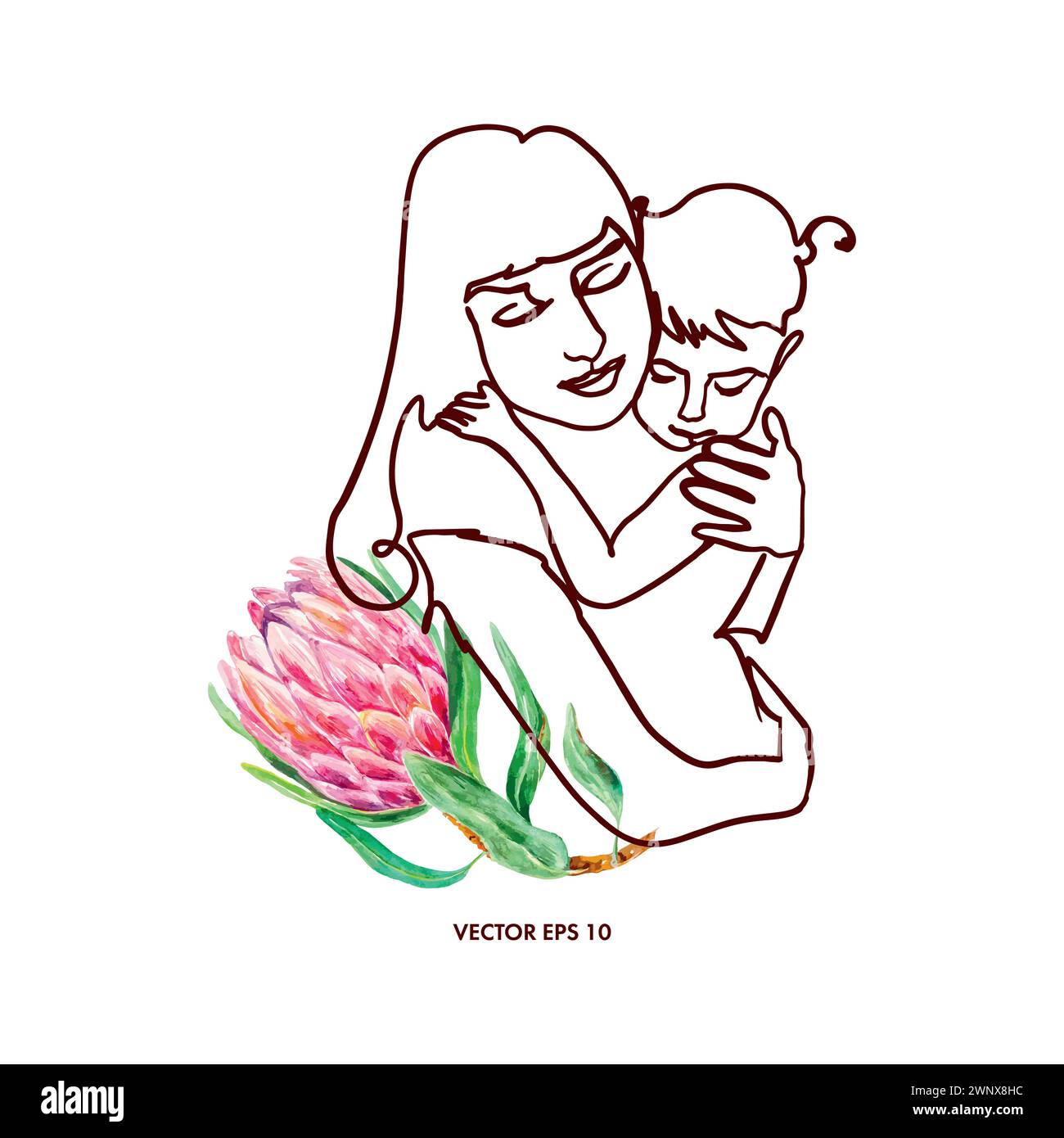 Abstract mother and child poster, one line art. Vector illustration ...