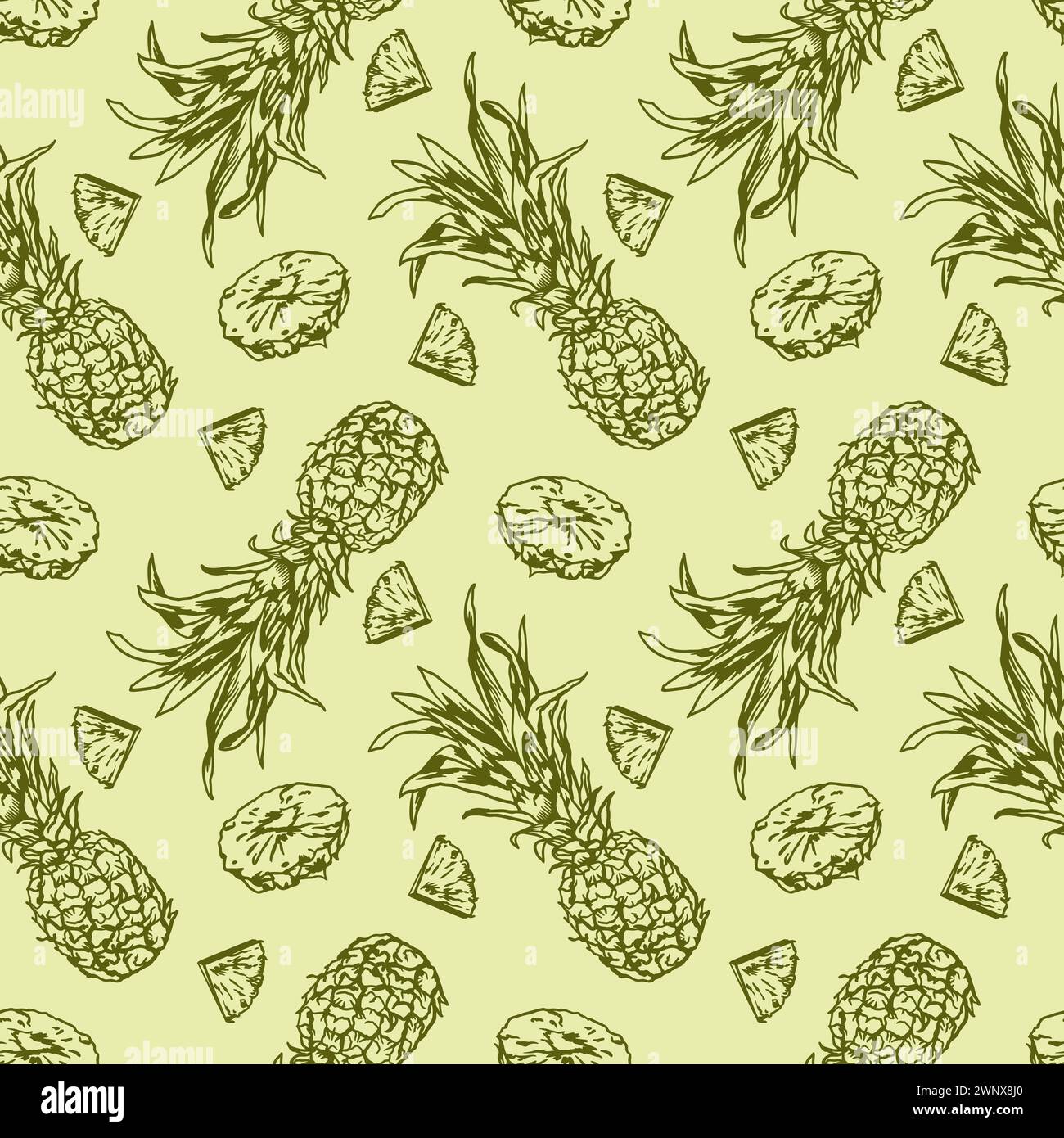 Pineapple graphics, seamless pattern. Whole fruit and slices. Vector ...
