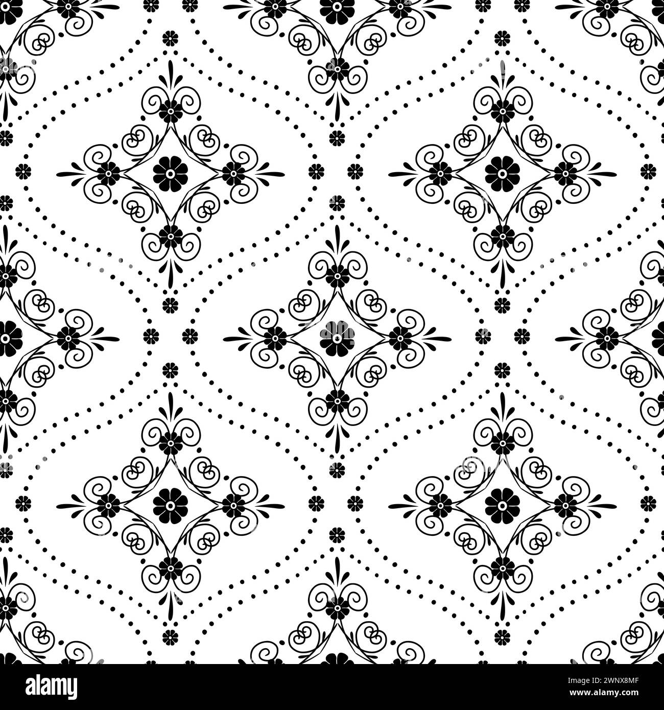 Seamless pattern with black floral ogee geometrical motifs on a white ...