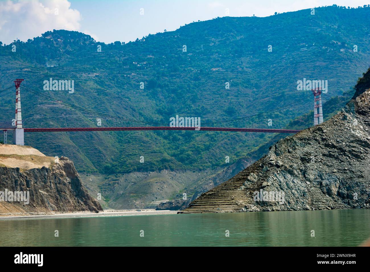 The hanging bridge over Tehri Lake. Dobra-Chanti bridge. The 725-metre ...