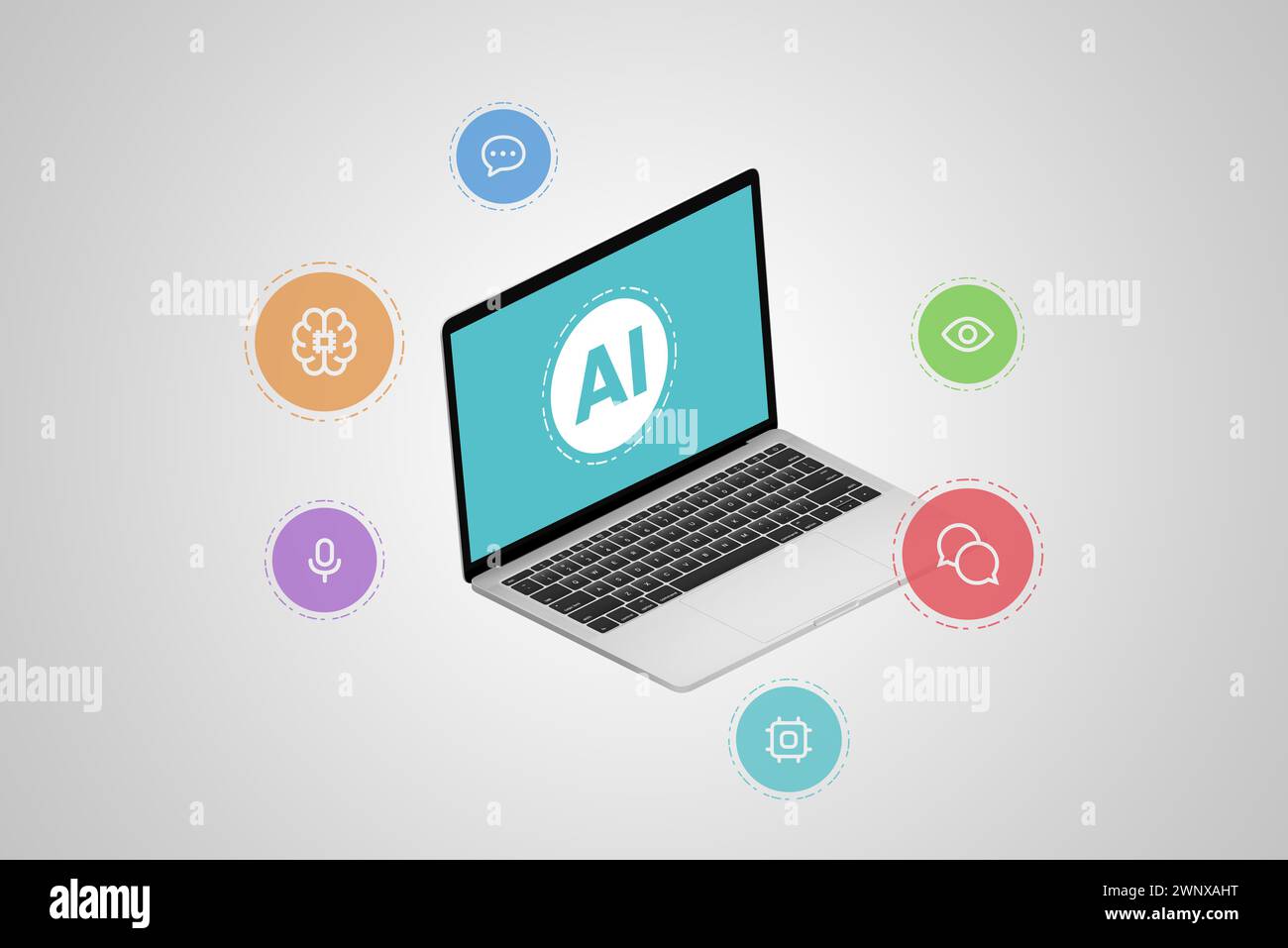 Laptop computer displaying AI. Surrounded by AI service icons ... Laptop computer displaying AI. Surrounded by AI service icons ...