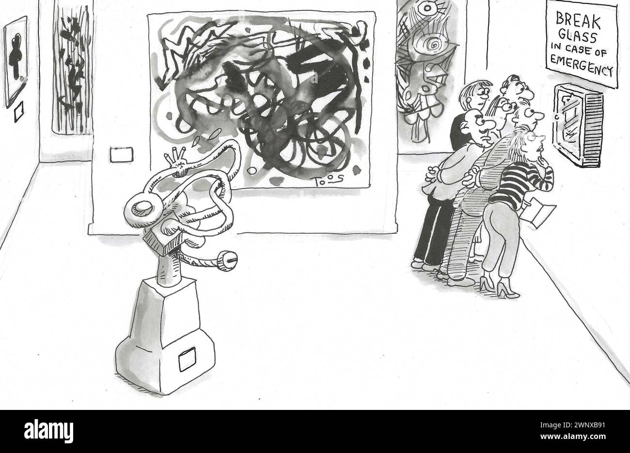 BW cartoon showing art patrons missing the modern art and looking at ...